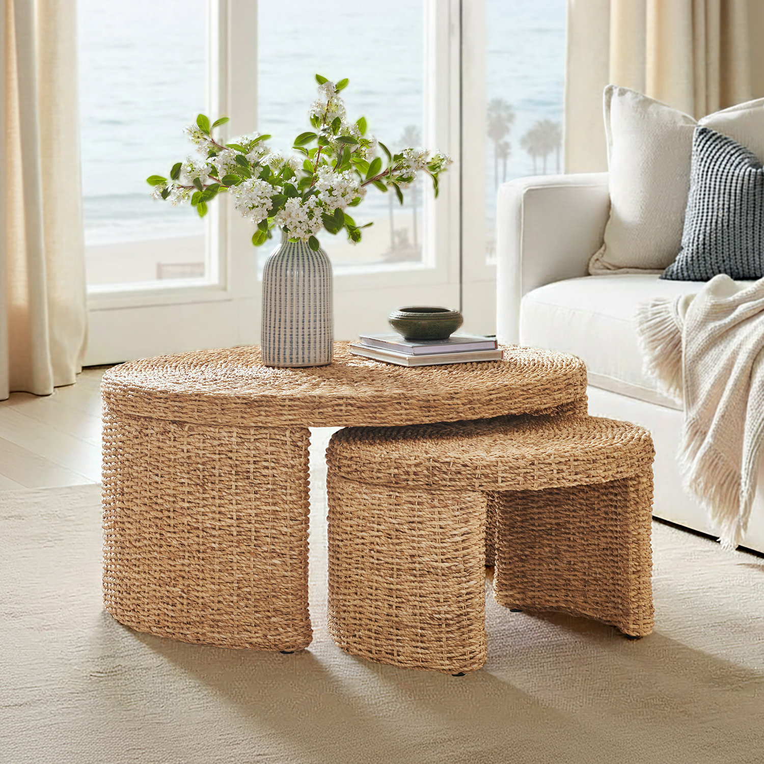 Bay Isle Home™ Anesty Coastal 39.75"W Simple Assembly Wicker Nesting Round Coffee Table | Wayfair